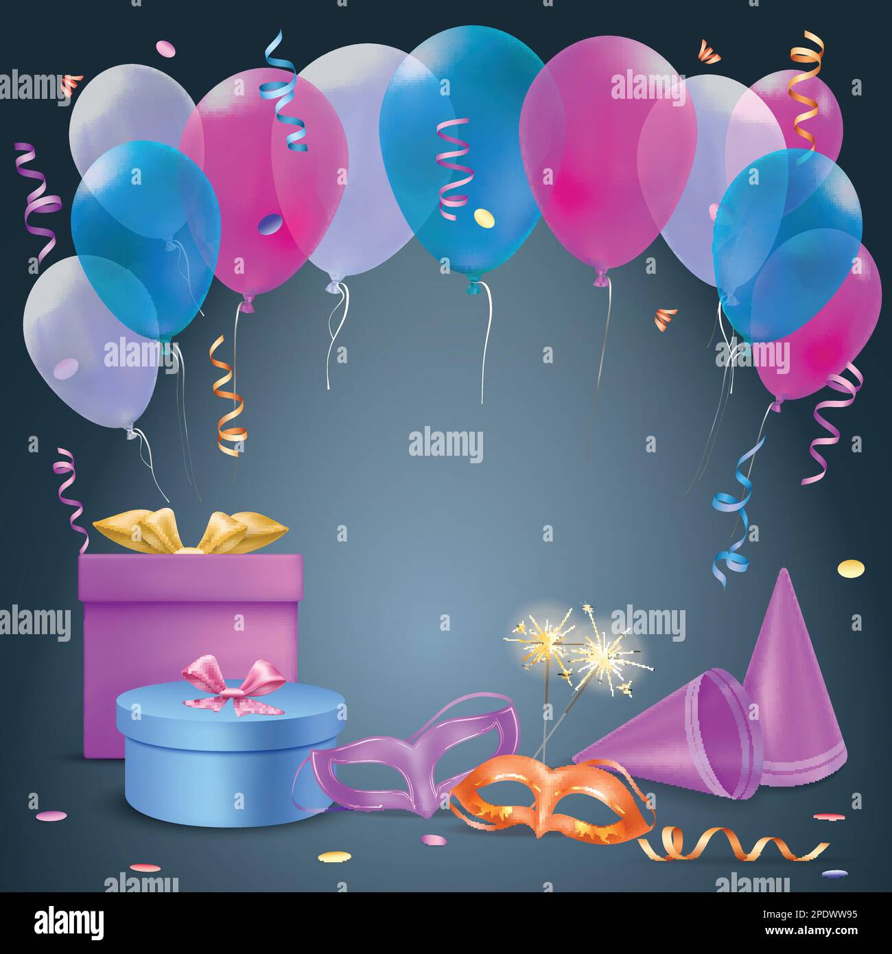 Celebration party background with balloons and gift boxes symbols ...