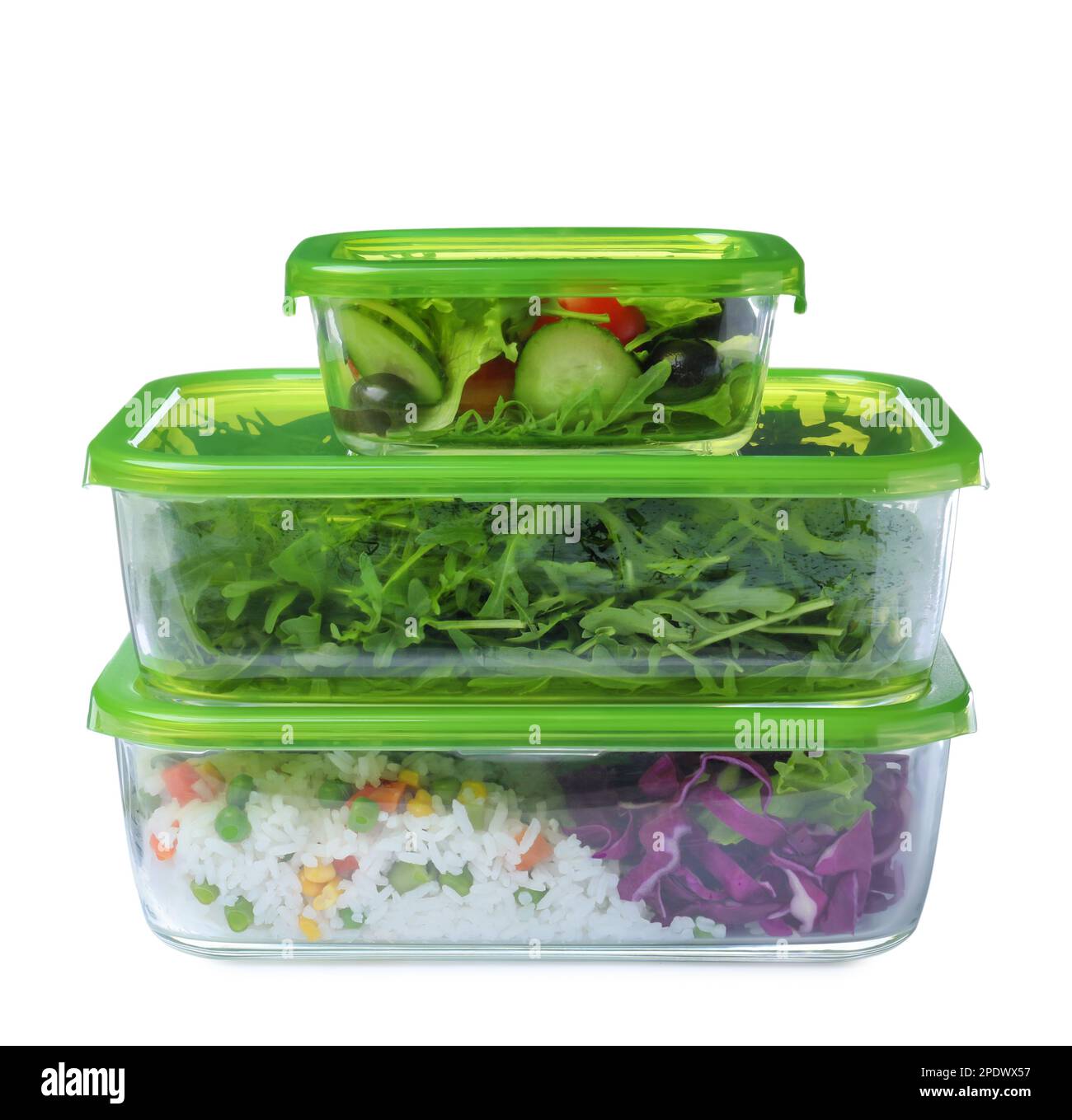 Glass containers with fresh food on white background Stock Photo - Alamy
