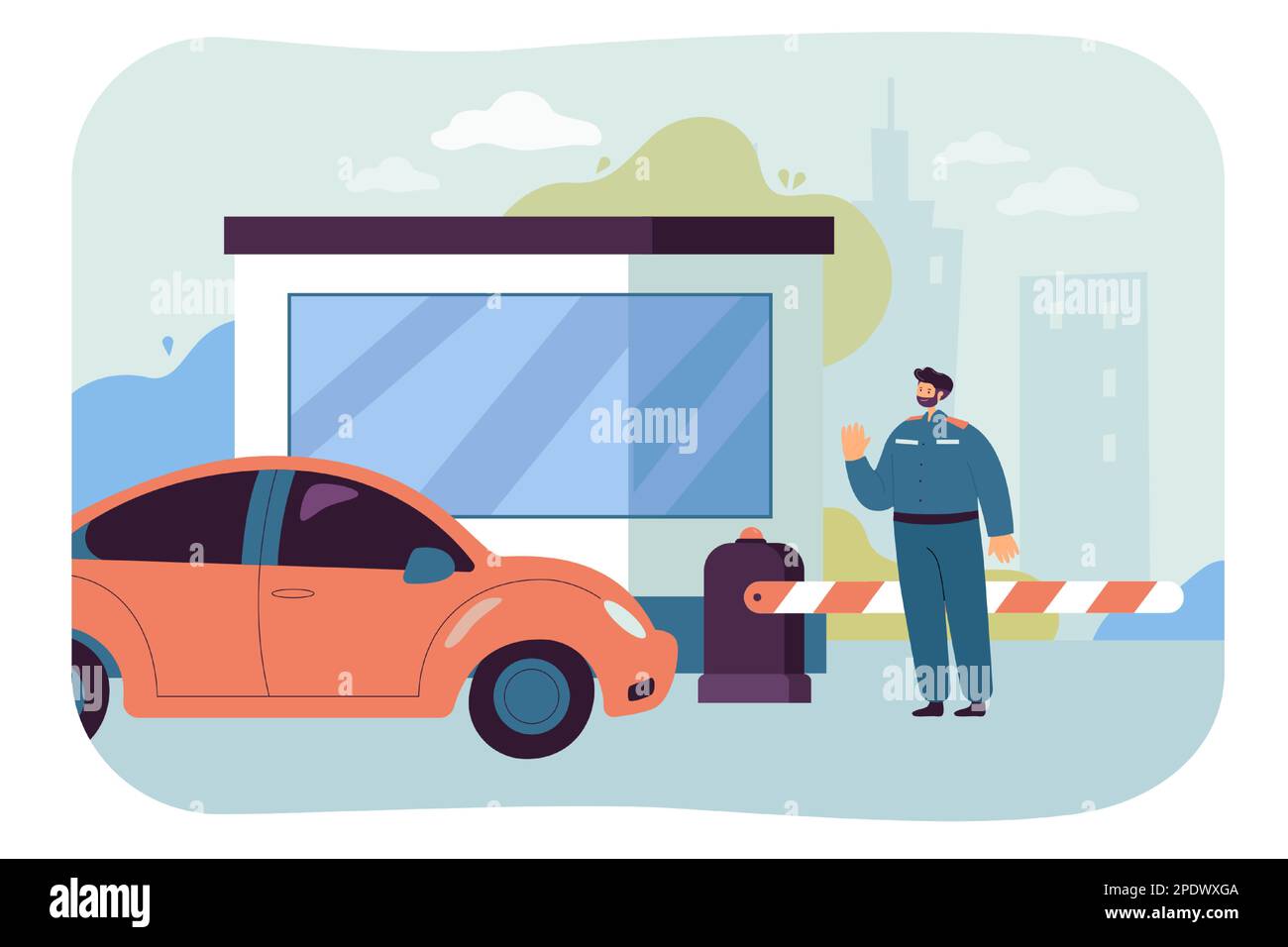 Security guard standing in front of barrier gate in parking lot Stock ...