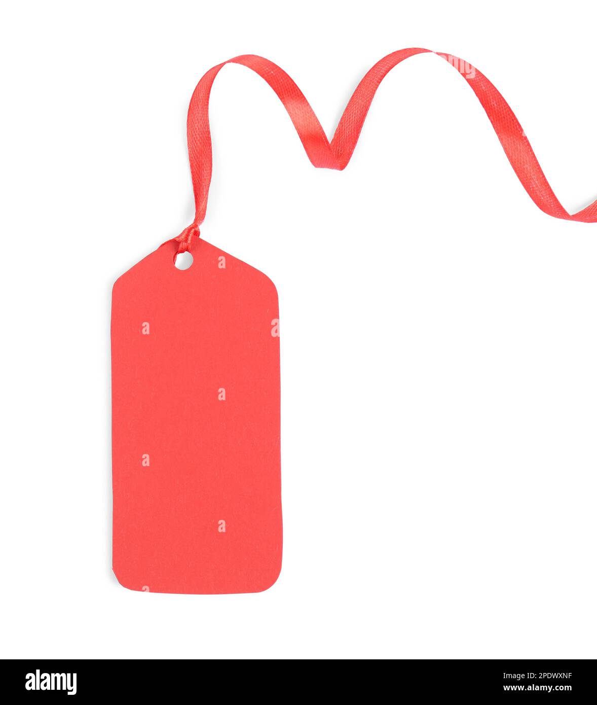 Blank red gift tag with satin ribbon on white background, top view ...