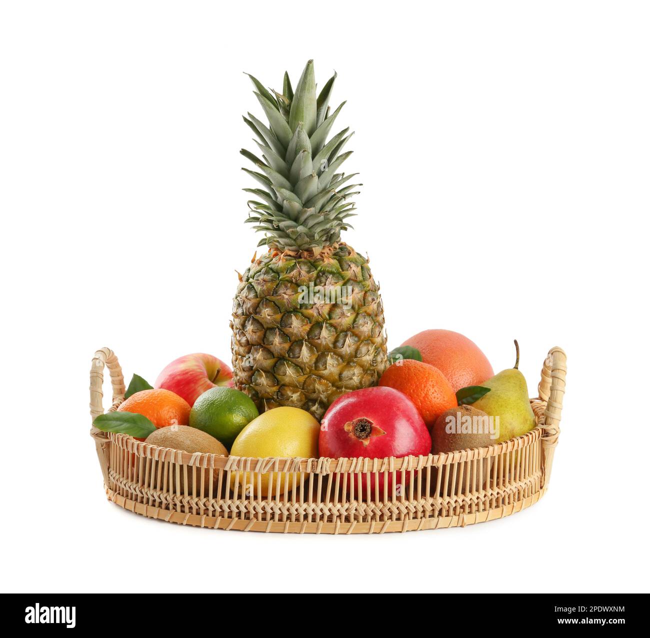 Fresh ripe fruits in wicker tray on white background Stock Photo - Alamy