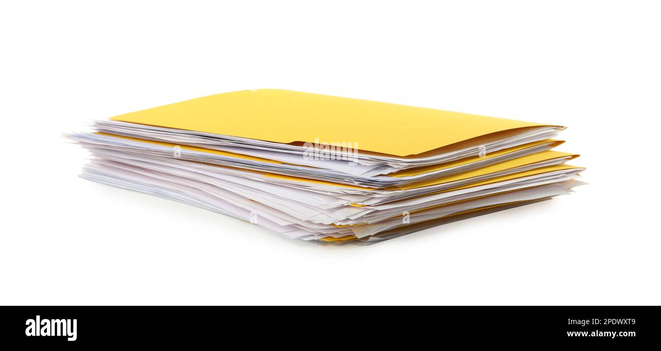 Stack of yellow files with documents on white background Stock Photo ...