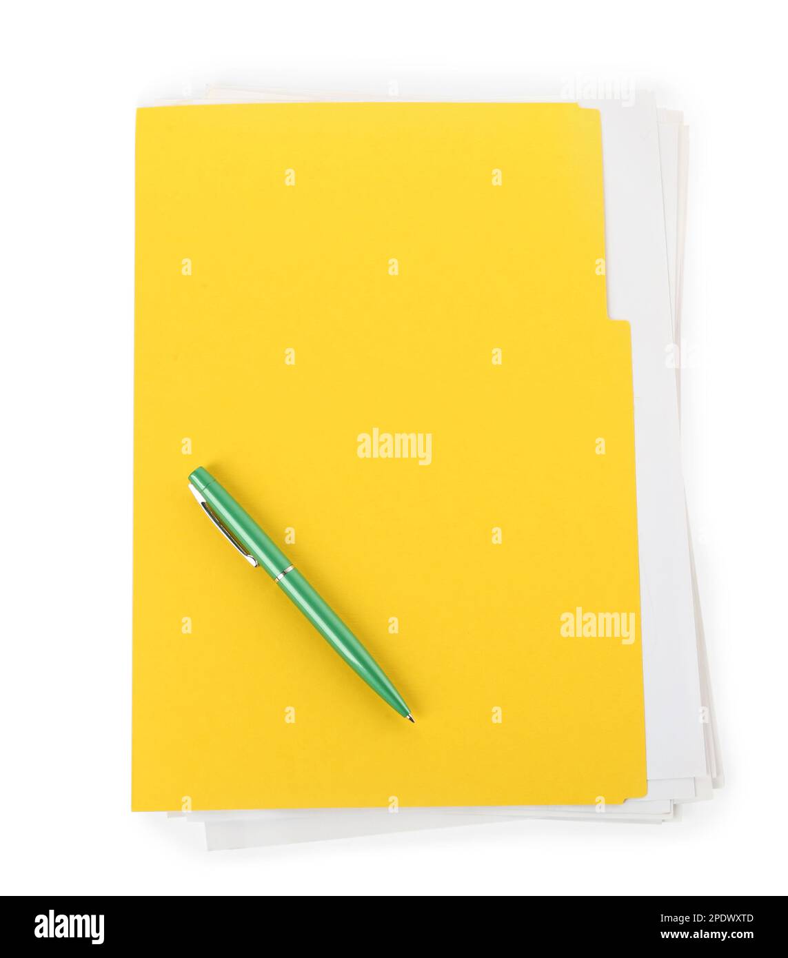 Yellow file with documents and green pen isolated on white, top view ...