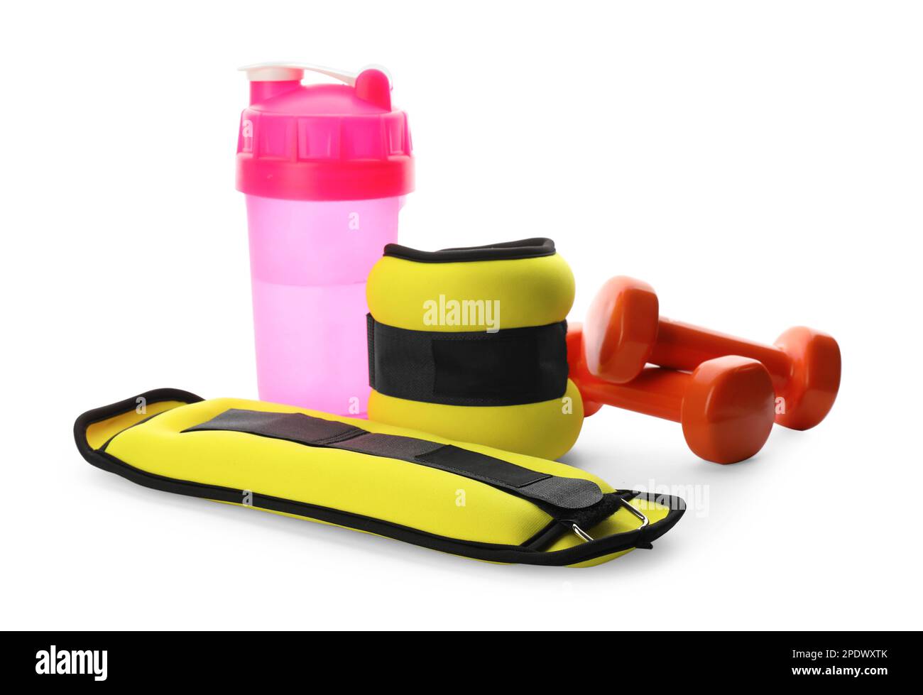 Stylish ankle weights, dumbbells and shaker on white background Stock ...
