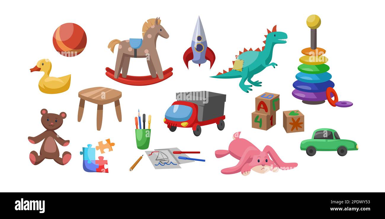 Cute toys from plush, plastic and wood vector illustrations set Stock ...