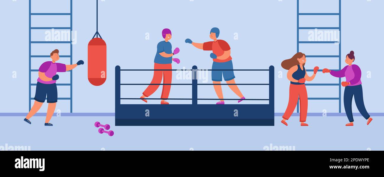 Male and female people boxing at gym flat vector illustration Stock ...