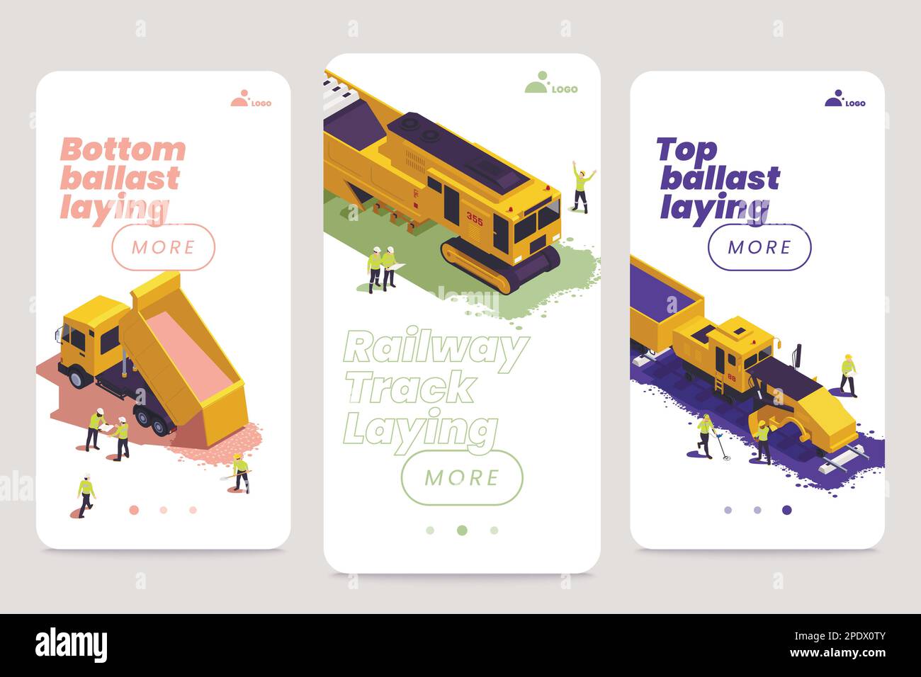 Railroad track bottom and top ballast laying isometric vertical banners ...