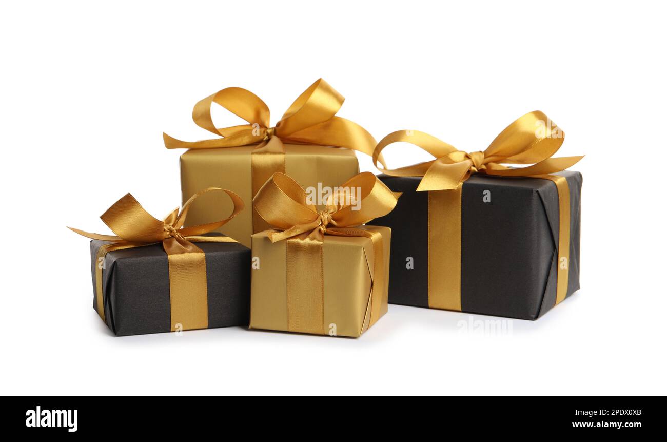 Many beautiful gift boxes on white background Stock Photo - Alamy