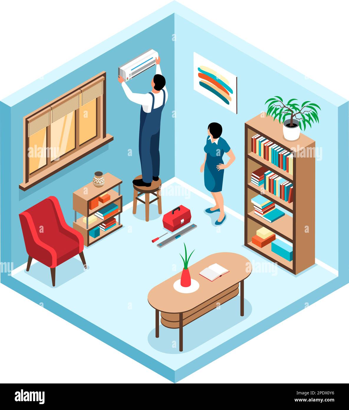 Isometric Air Conditioning Concept With Worker Man Installing Cooling System Vector Illustration