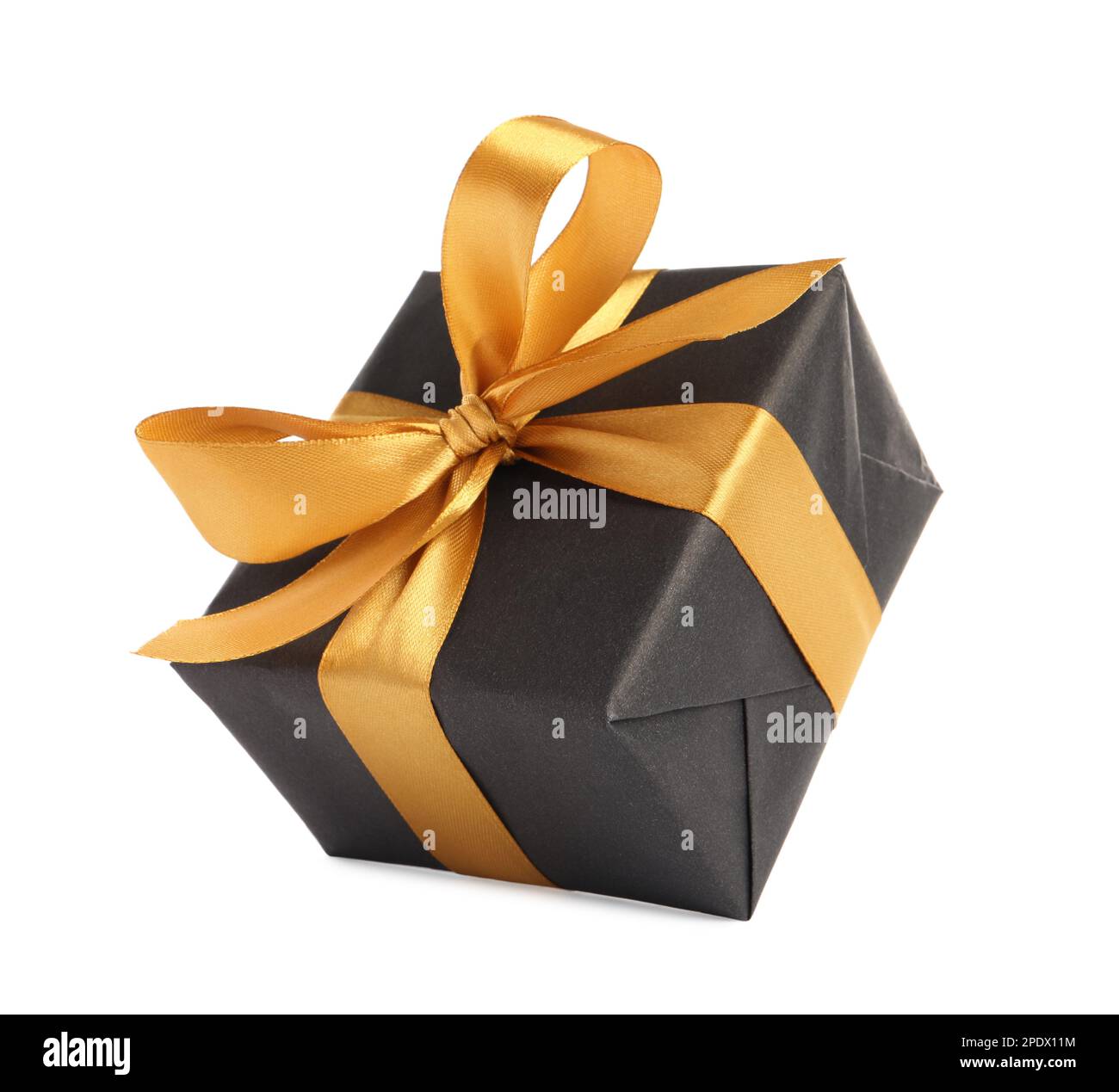 Beautiful gift box with golden ribbon and bow on white background Stock ...