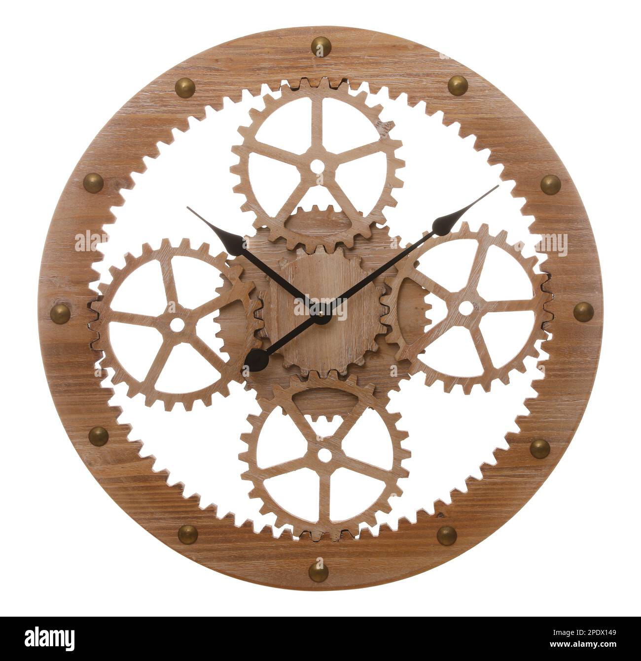 Stylish wall clock with wooden gears isolated on white Stock Photo - Alamy