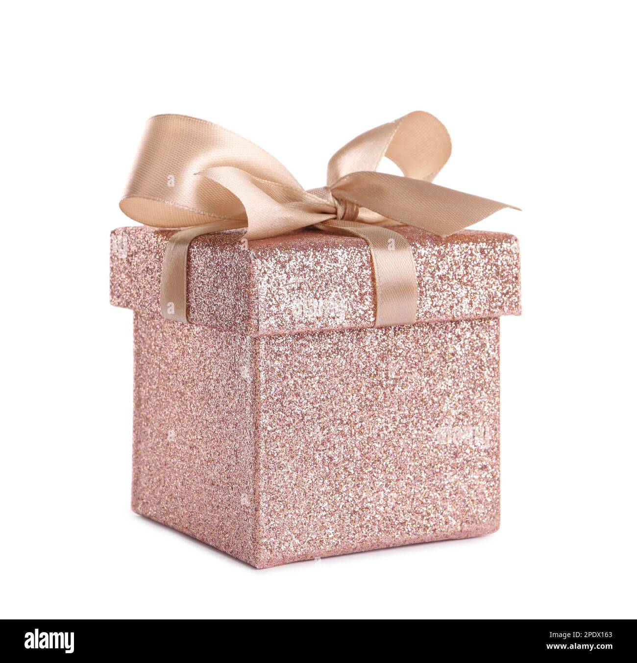 Shiny gift box with golden bow on white background Stock Photo - Alamy