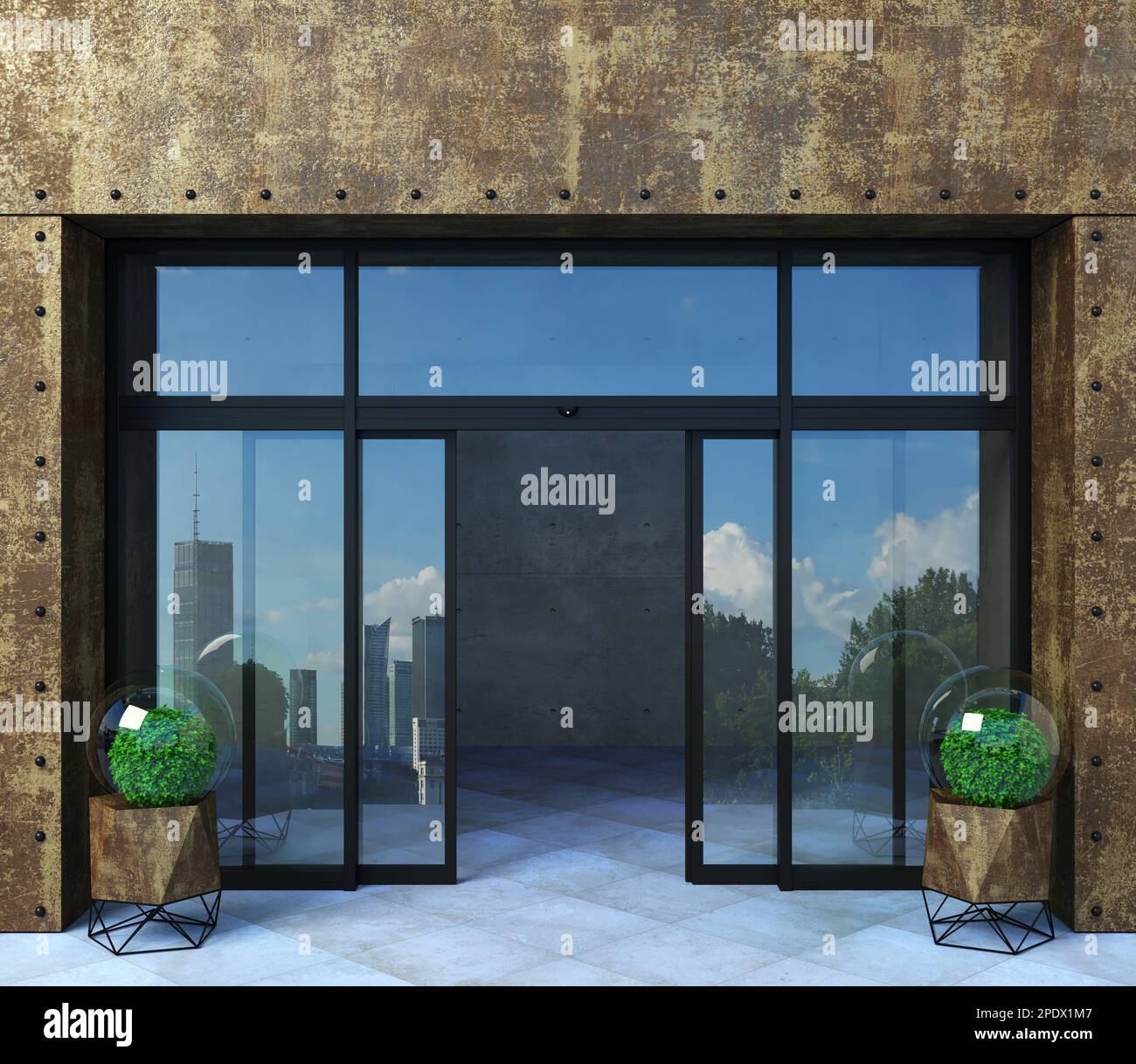 Automatic black sliding doors office facade mockup Stock Photo - Alamy