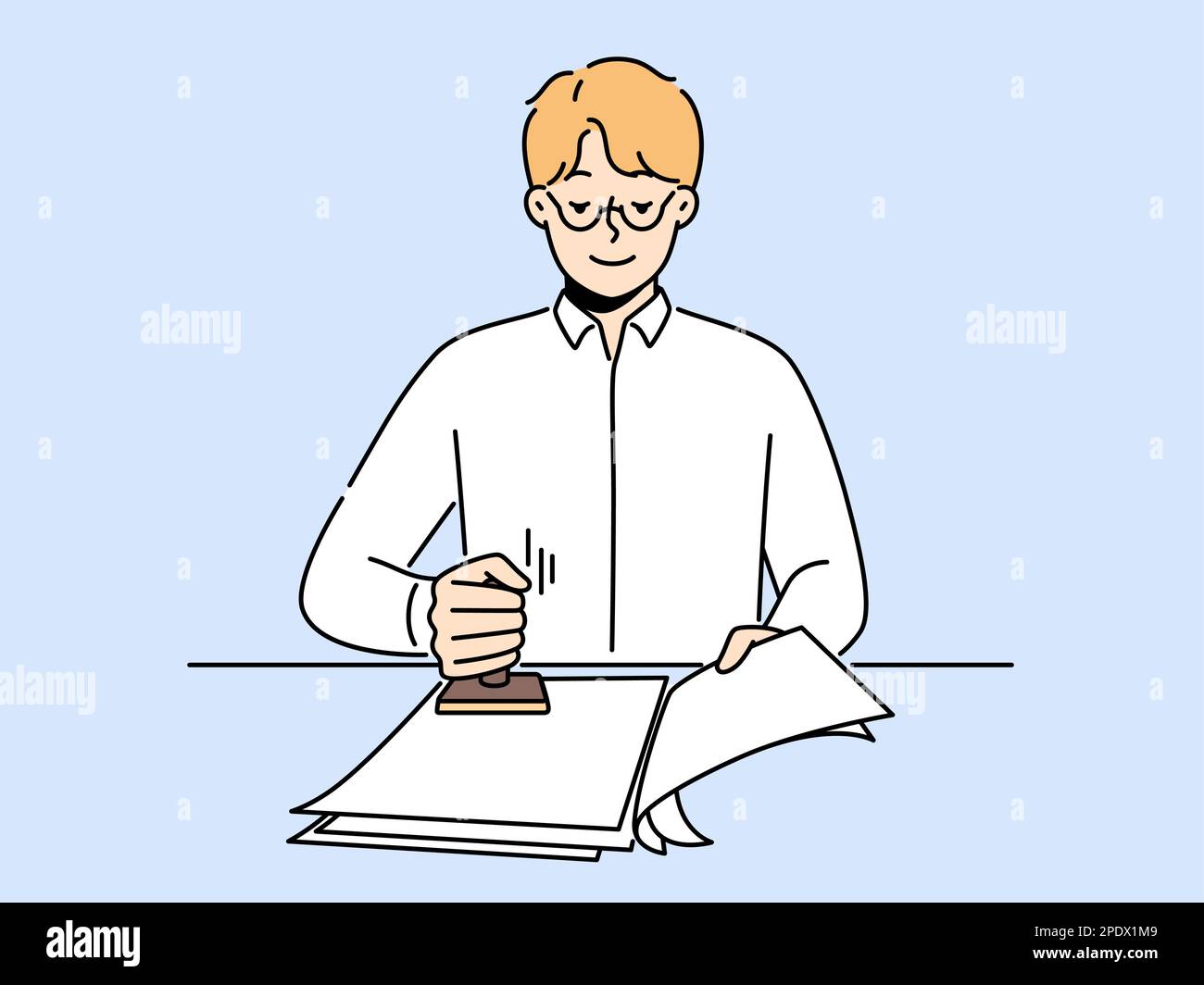 Male notary stamping documents in office. Smiling man worker sign with ...