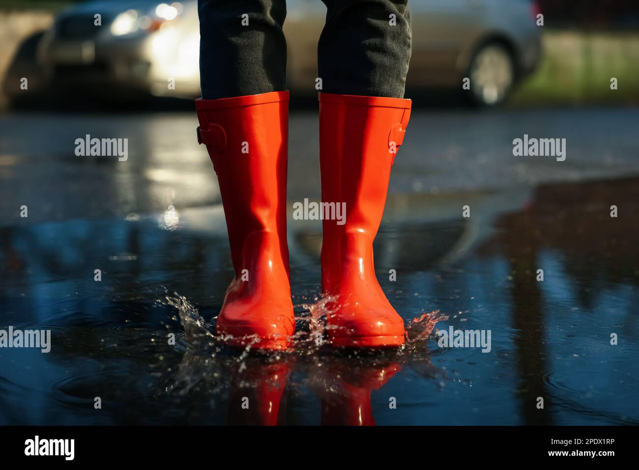 Woman with red rubber boots in puddle, closeup. Rainy weather Stock ...