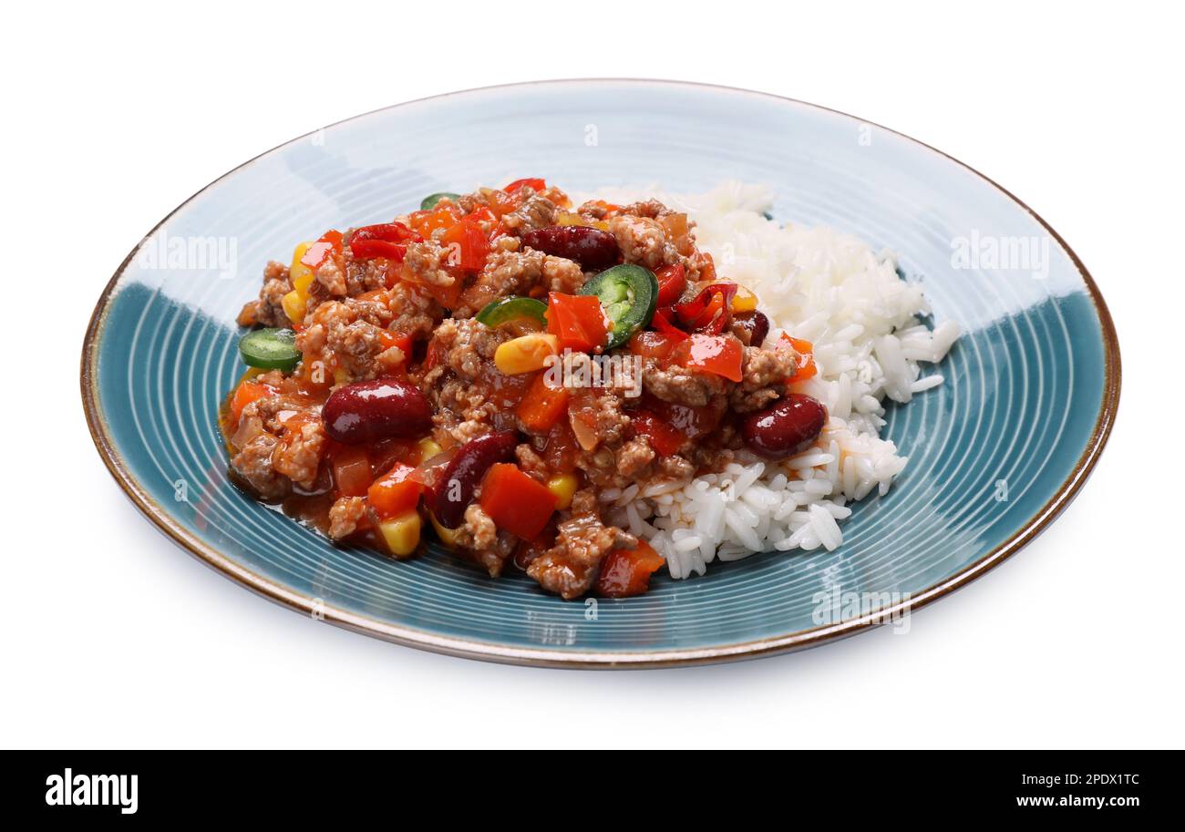 Plate of rice with chili con carne on white background Stock Photo - Alamy