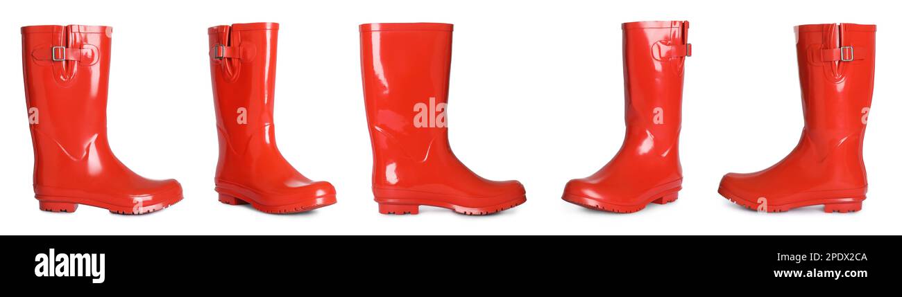 Set with red rubber boots on white background. Banner design Stock ...