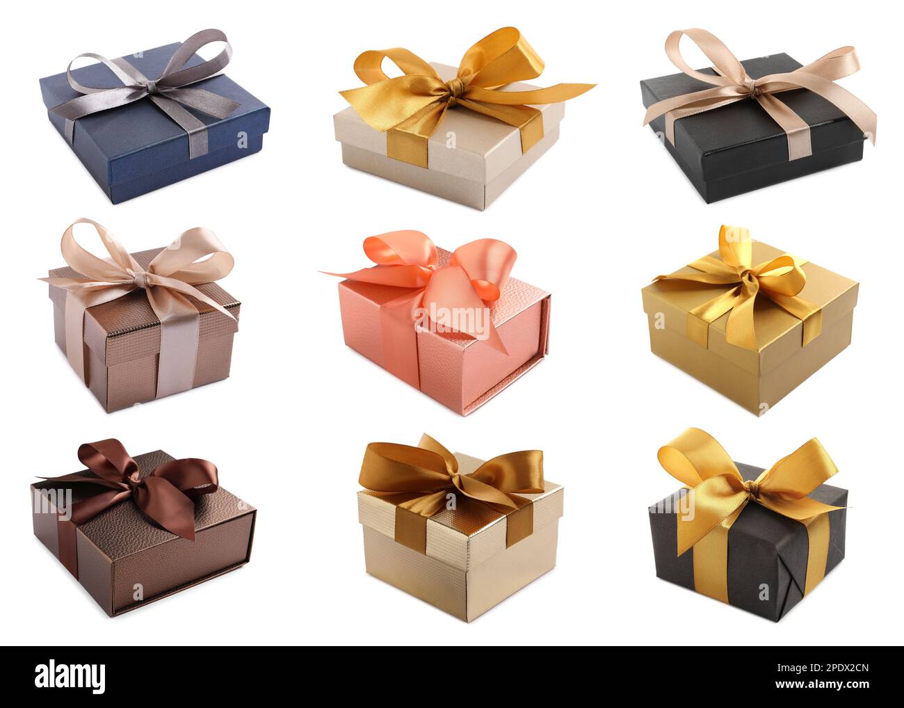 Set with beautiful gift boxes on white background Stock Photo - Alamy