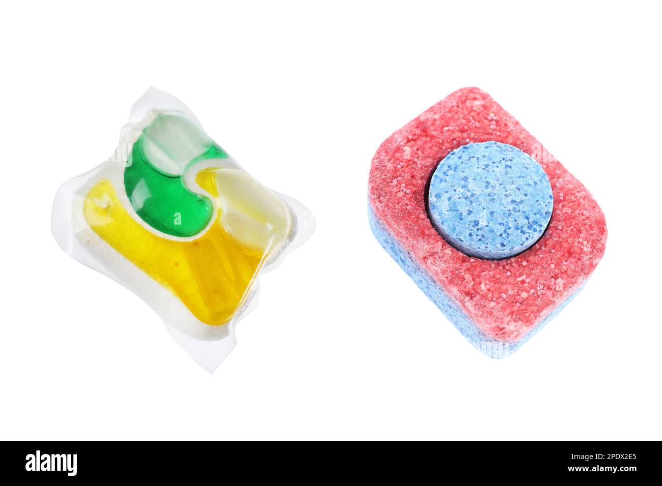 Dishwasher detergent tablet and gel capsule on white background ...