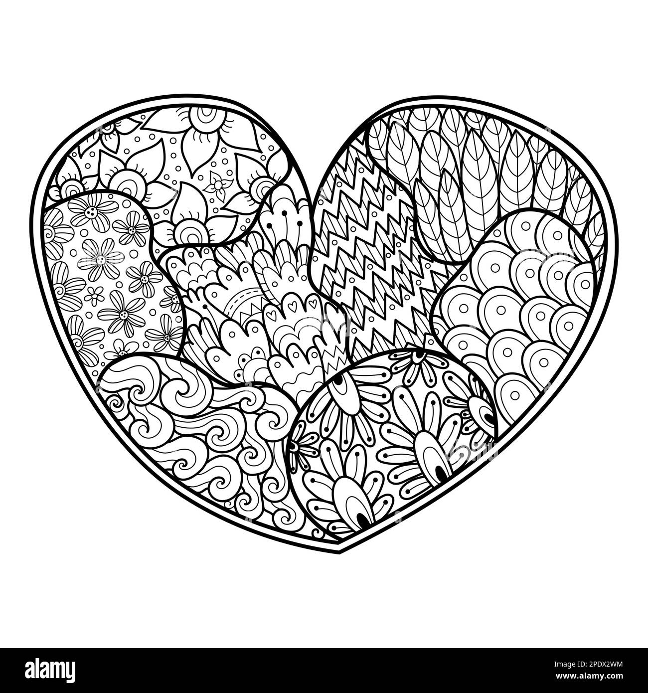 Doodle heart coloring page. Black and white love pattern for antistress ...
