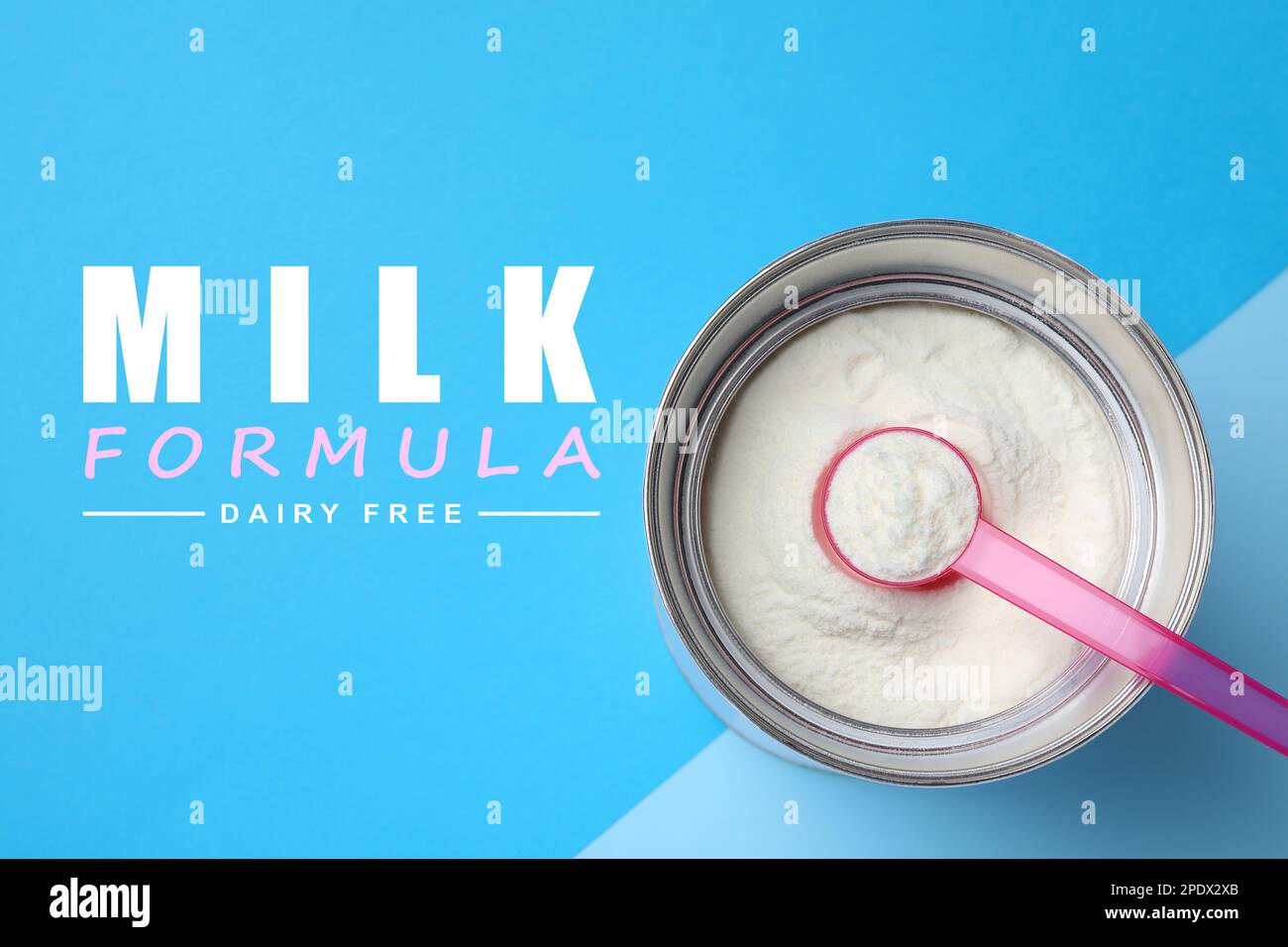 Can of powdered dairy free infant formula and scoop on color background ...