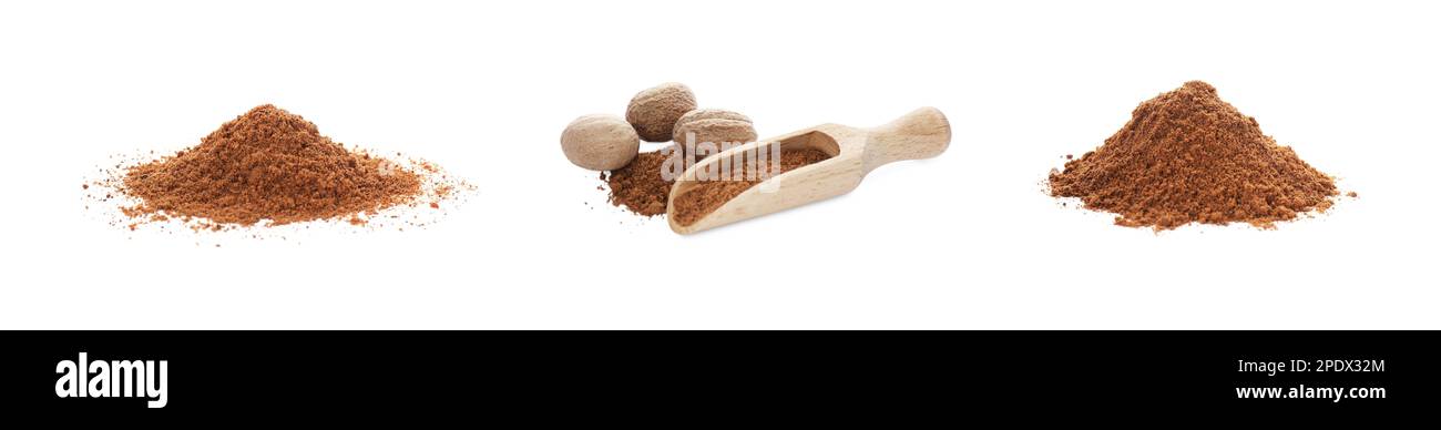 Set with nutmeg powder on white background. Banner design Stock Photo ...