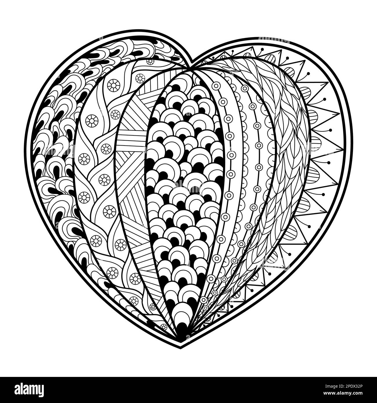 Doodle heart in zentangle style coloring page. Black and white love ...