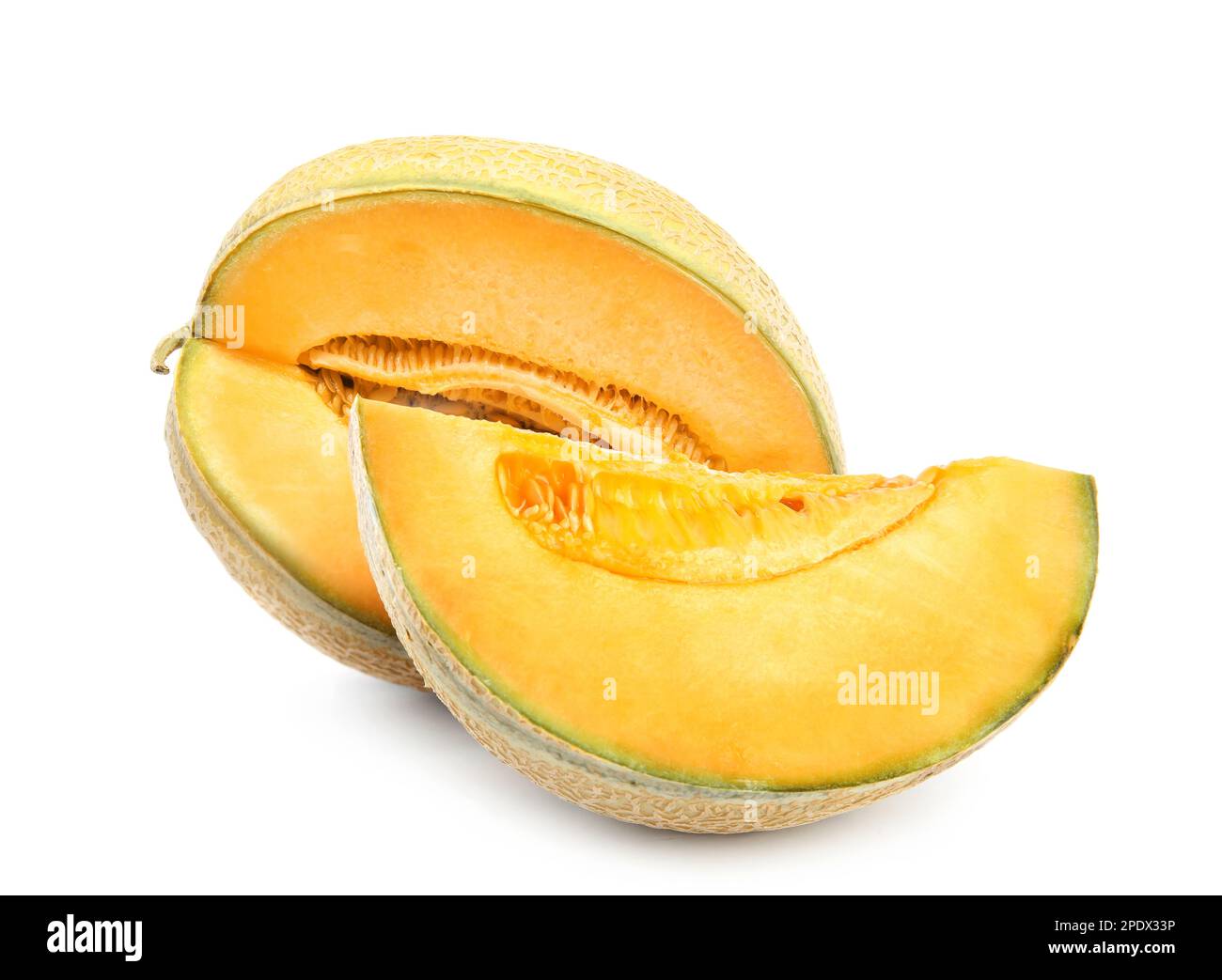 Cut tasty ripe melons on white background Stock Photo - Alamy
