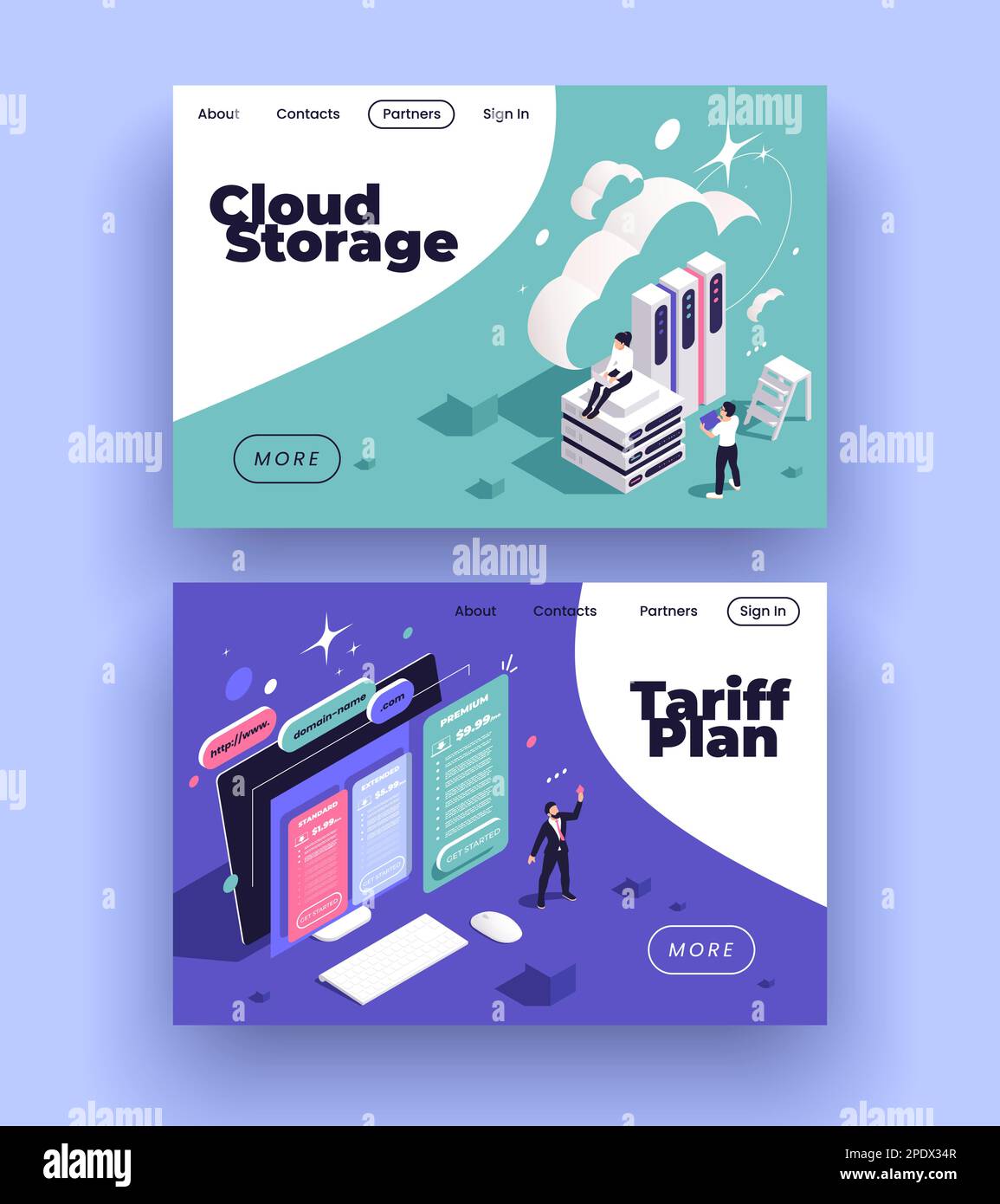 Set with two horizontal web hosting landing pages with isometric icons of cloud storage tariff ...