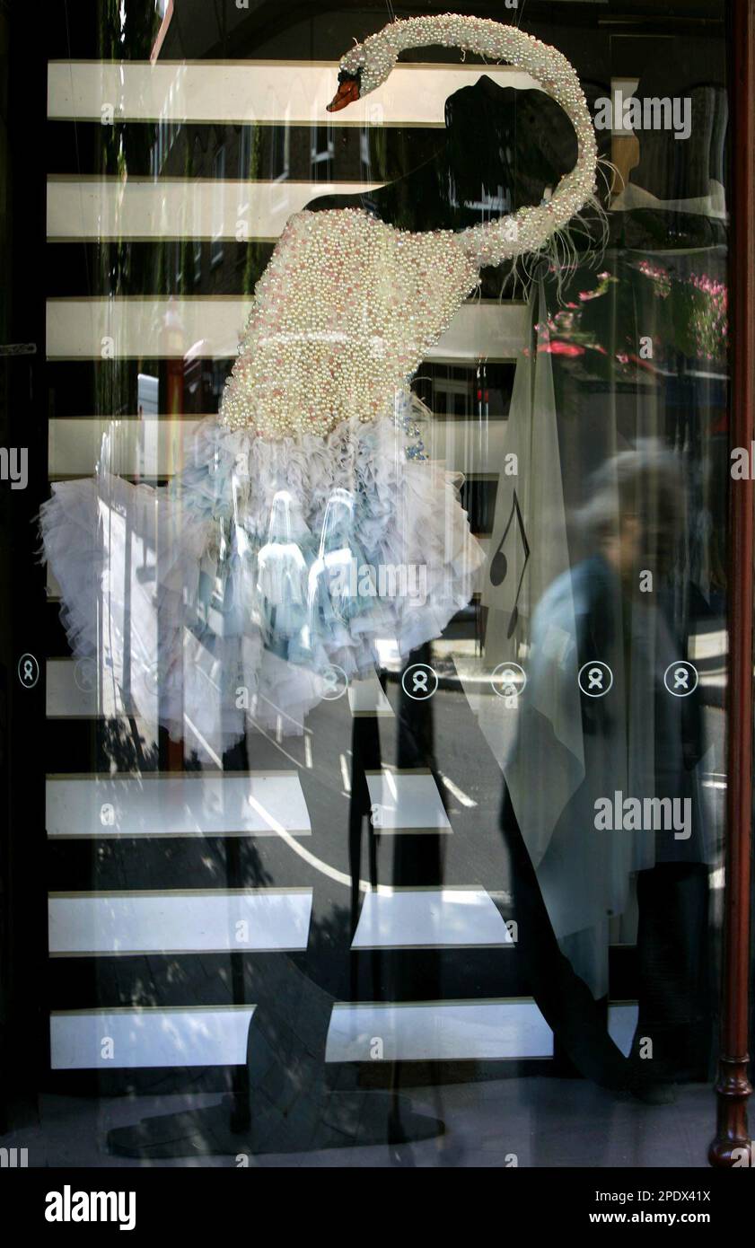 A swan dress worn by eccentric Icelandic singer Bjork is displayed in ...