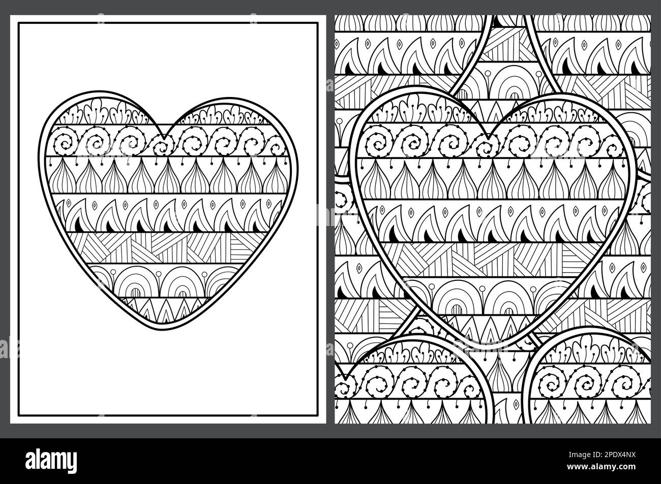 Hand drawn doodle heart coloring pages set in US Letter format. Black ...
