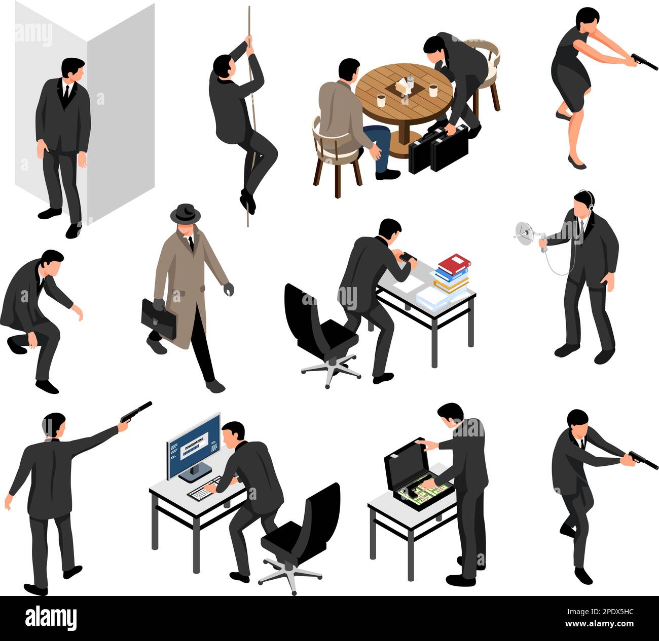 Isometric spy icons set with secret agents and espionage characters isolated vector illustration ...
