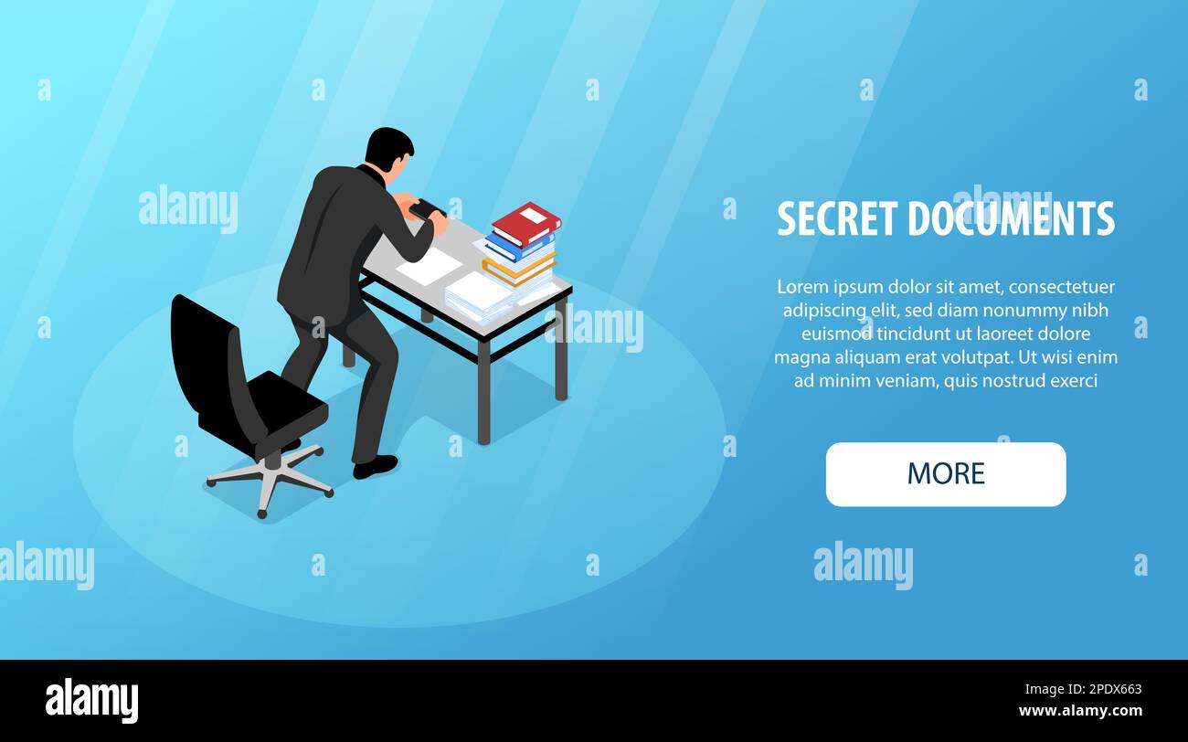 Isometric espionage banner with man taking photo of secret documents vector illustration Stock ...