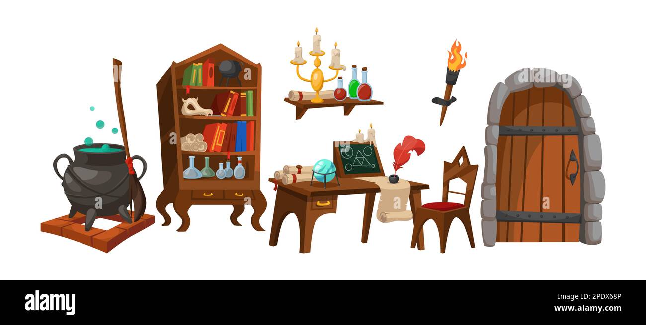 Different objects for wizard school vector illustrations set Stock ...