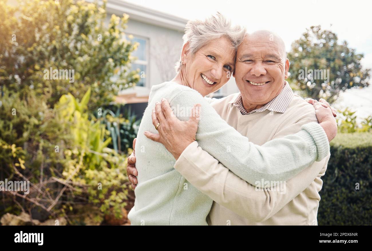Happy, love and hug with portrait of old couple for bonding, support ...