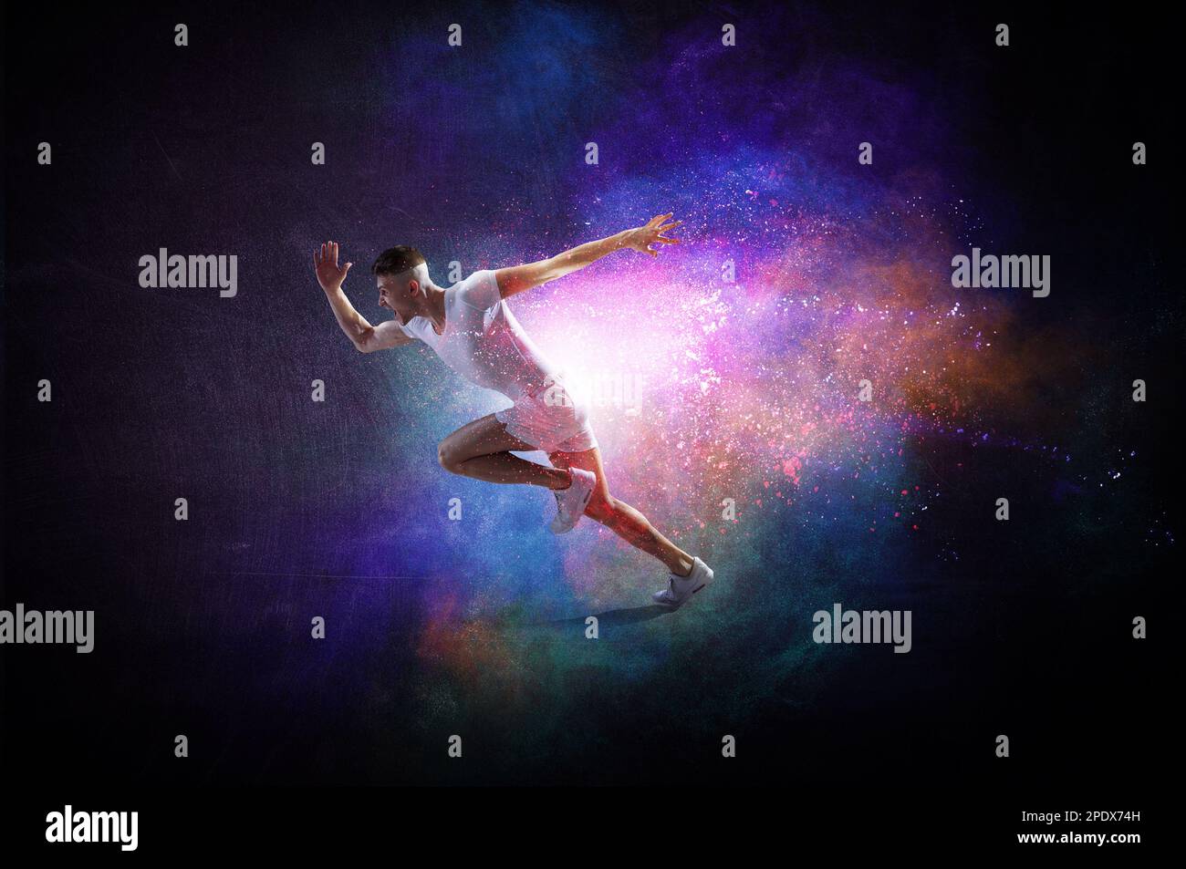 Portrait of a fitness man running on a colourful background Stock Photo ...