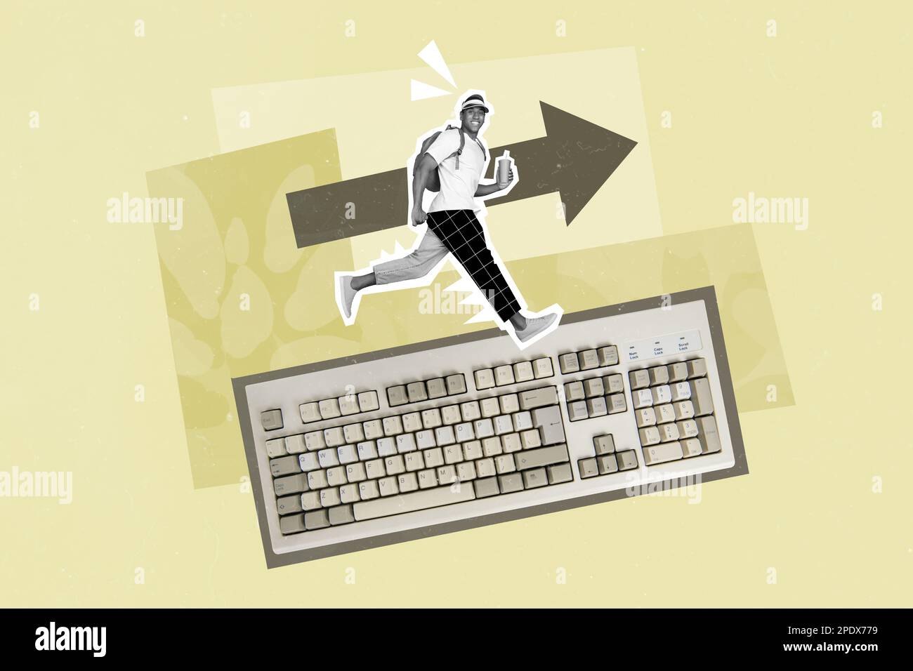 Collage photo picture image poster picture of funky happy guy hurrying ...