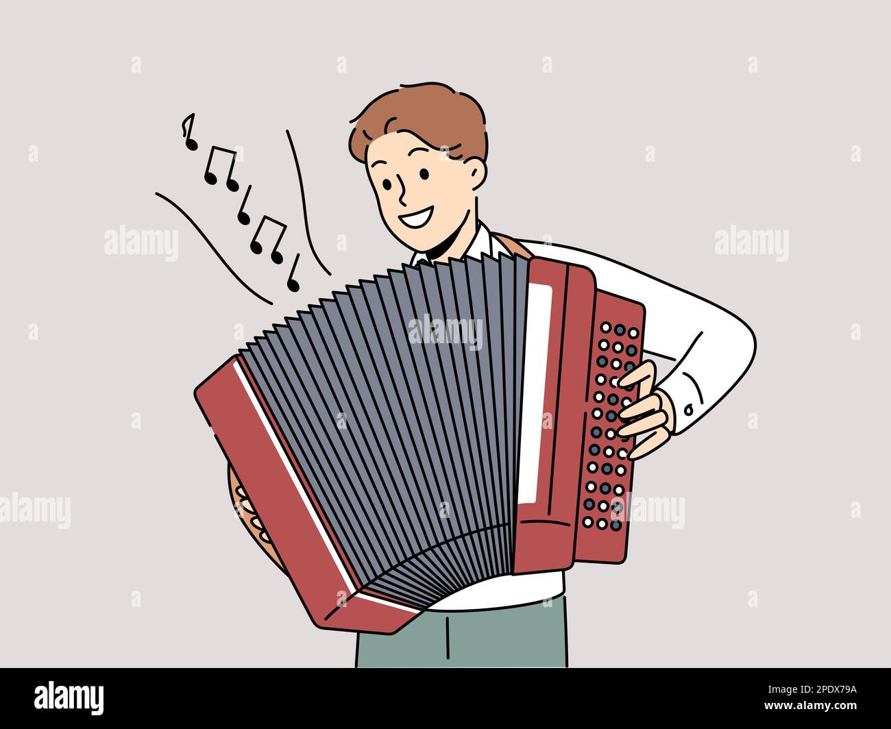Smiling man playing on accordion. Happy male play music on traditional ...