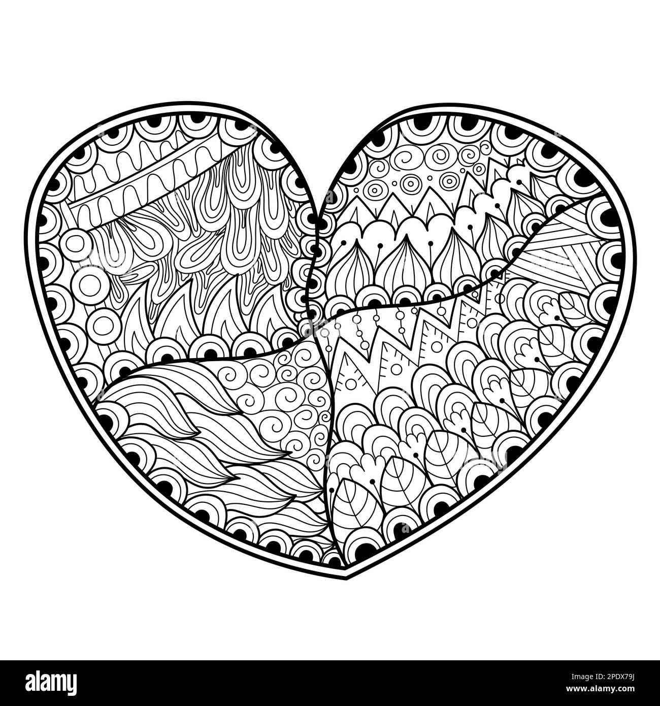Black and white zentangle heart coloring page. Outline love pattern for ...