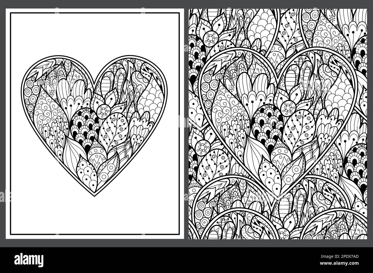 Doodle heart coloring pages set in US Letter format. Black and white ...
