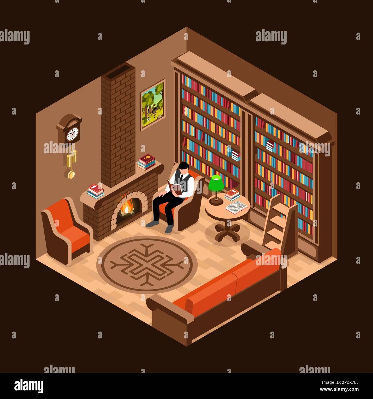 Isometric library interior with man reading book near fireplace vector ...