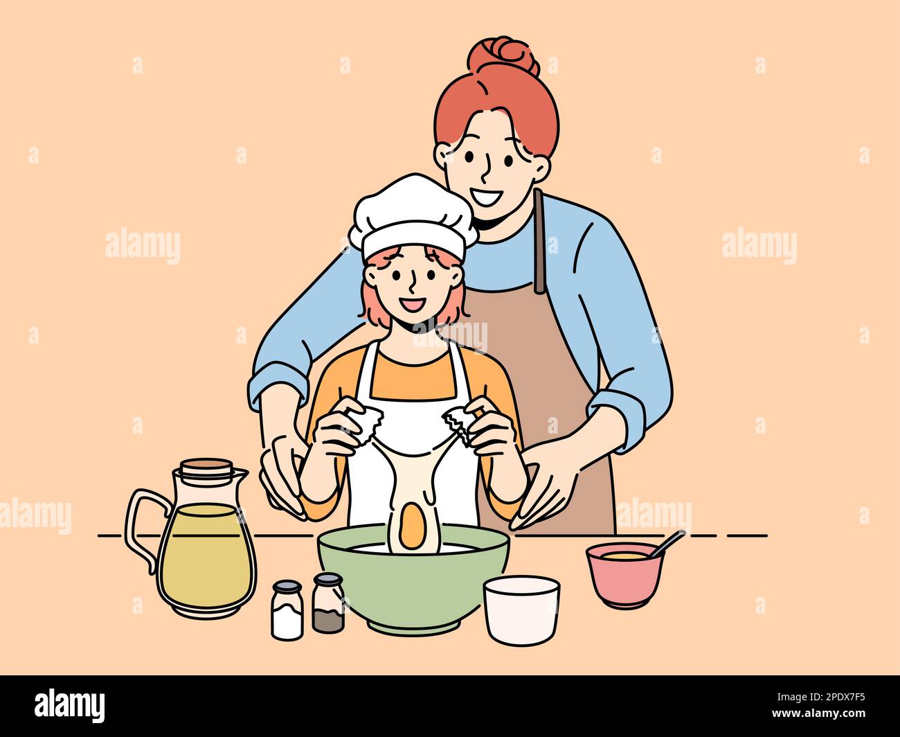 Smiling mother and little daughter cooking together at home. Happy mom ...