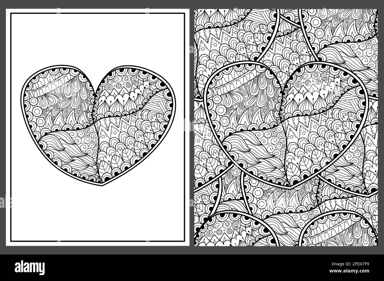 Black and white zentangle heart coloring pages set. Outline love ...
