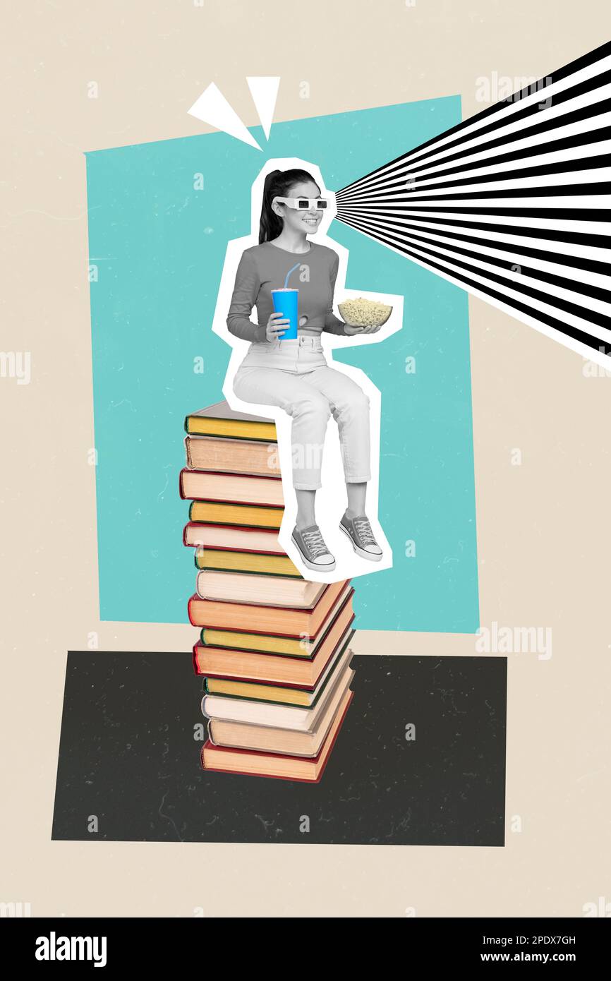 Collage 3d image of pinup pop retro sketch of young female sitting top ...