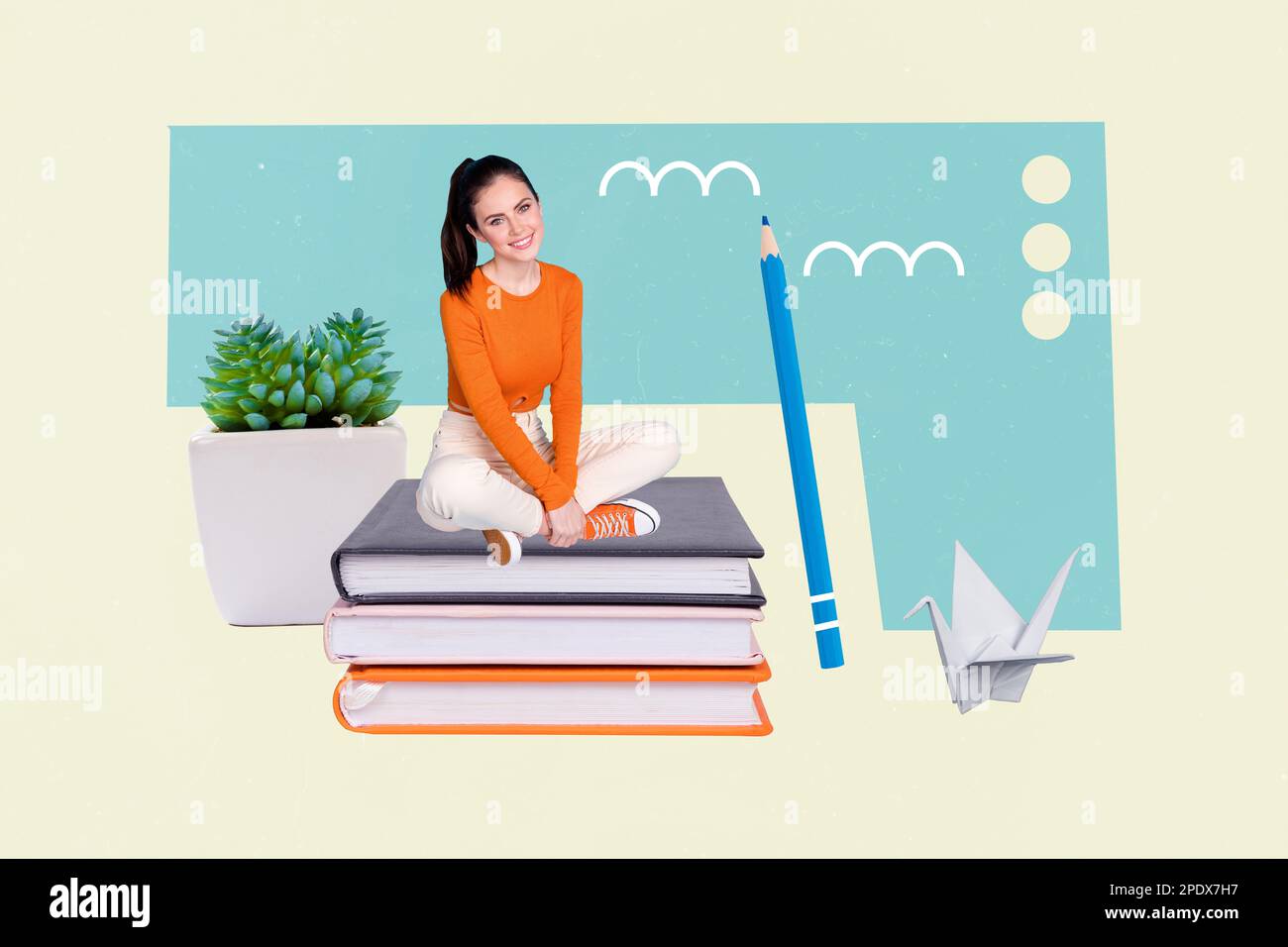 Composite collage picture image of young funny girl sitting pile books ...