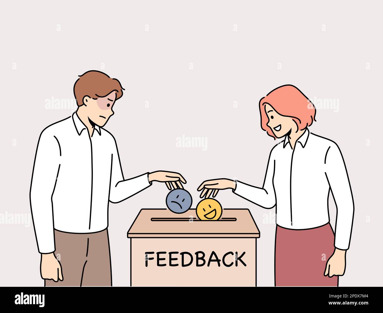 Man and woman throwing emojis into box give positive or negative ...