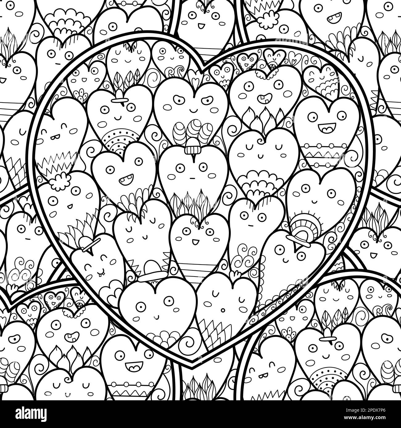 Doodle hearts black and white seamless pattern for coloring book with ...