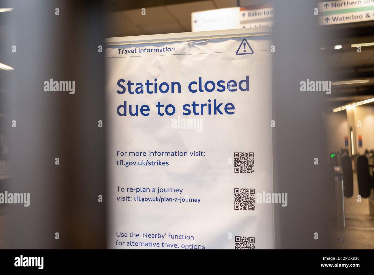 London, UK. 15th Mar, 2023. A strike notice is seen at the Waterloo ...