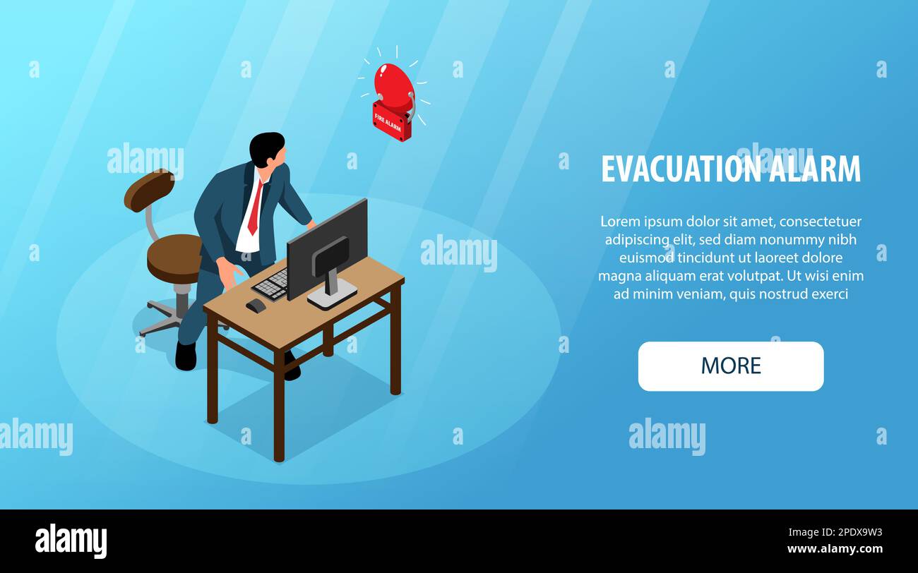 Isometric evacuation horizontal banner with man looking at fire alarm ...