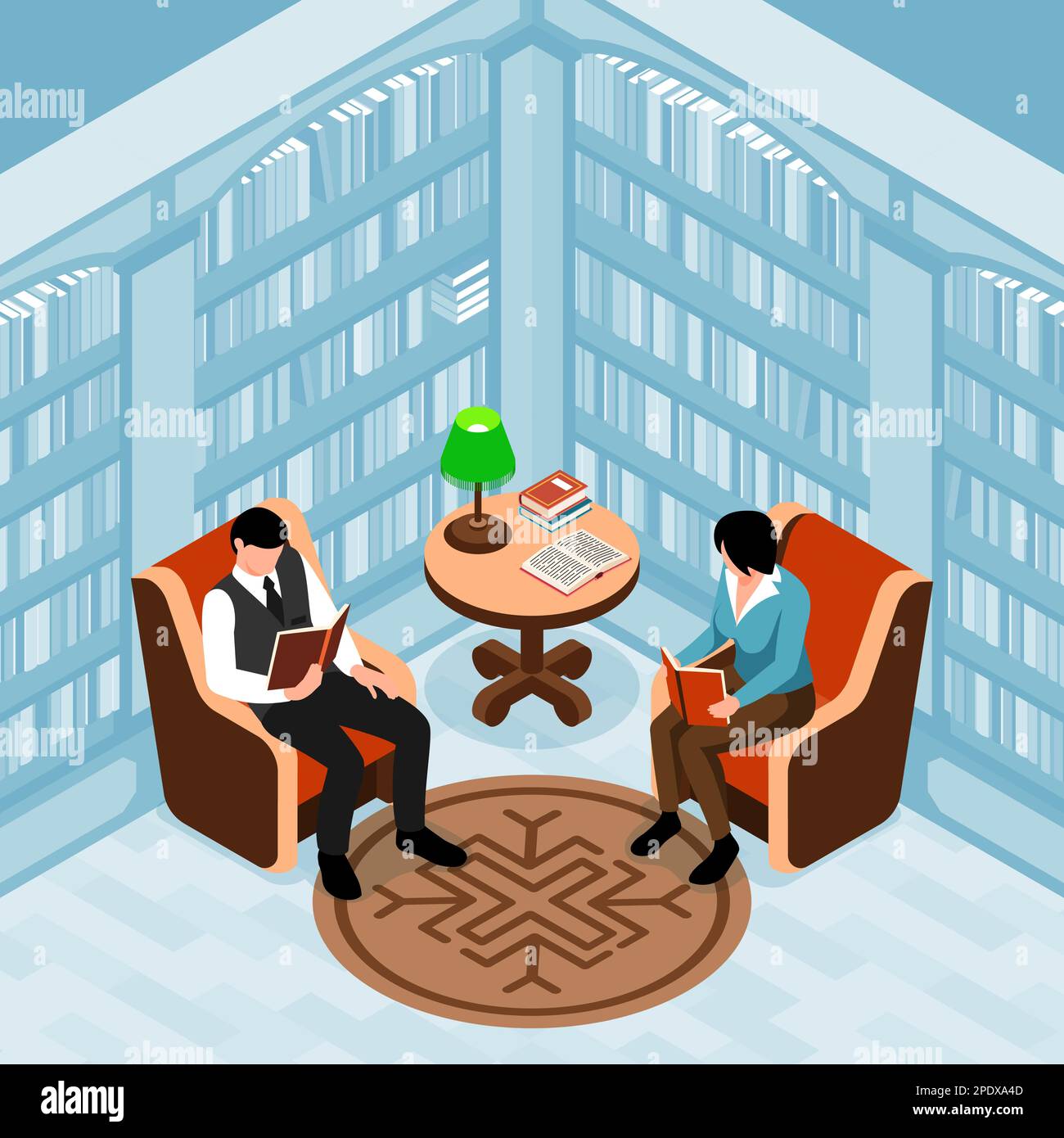 Book reading concept with man and woman in old fashioned library ...